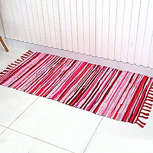 SERENITA Chindi Rug Reversible Rag Cotton Hand Woven Throw Area Rugs for Kitchen Bedroom Bathroom Livingroom Washable Stripe Red 22" x 36"