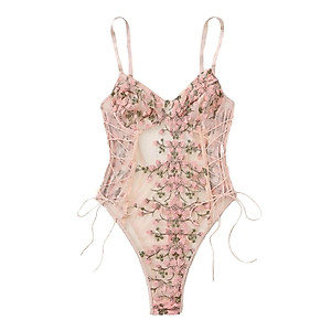 Lilosy Women Sexy Lace Up Floral Embroidered Teddy Babydoll Lingerie Bodysuit Top Mesh Sheer One Piece See Through Pink Small