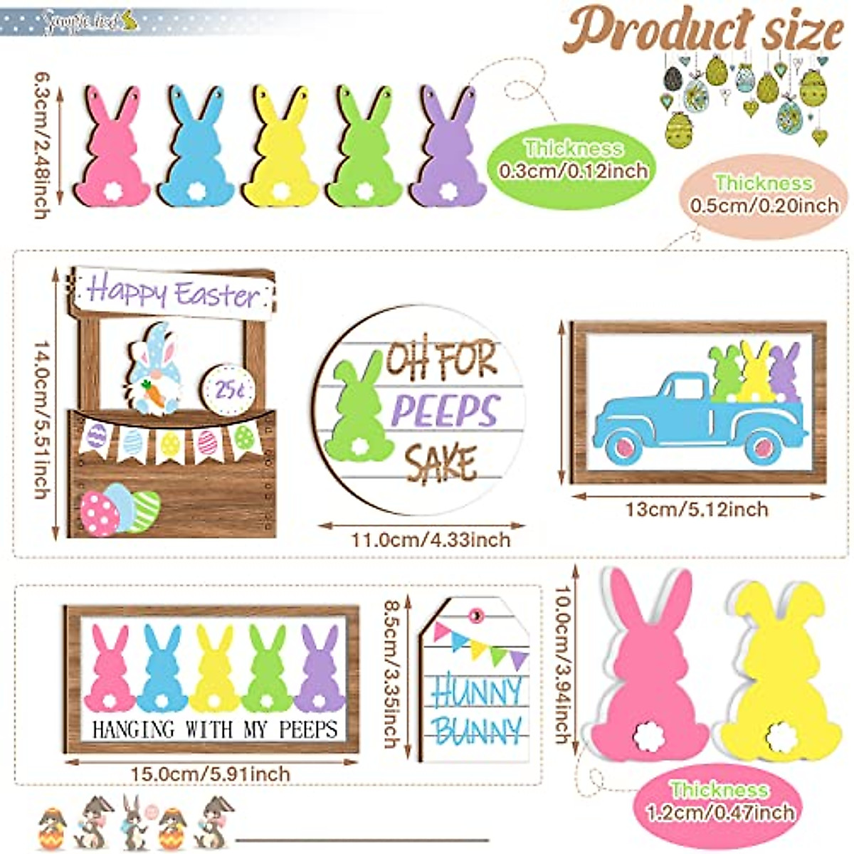 12 Pcs Easter Tiered Tray Decor Set Easter Bunny Wood Sign Rustic Farmhouse Decor Tiered Tray Decorative Trays Signs for Easter Table Holiday