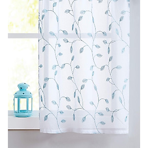 Fragrantex Sheer Kitchen Curtains 36" Length Spa Blue Leaf Embroidered Short Curtains for Bathroom Farmhouse Botanical Window Treatment Set for Cafe/Basement/Laundry,Rod Pocket 28" Wx36 L