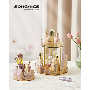 SONGMICS Makeup Organizer, 2-Tier Round Rotating Skincare Organizer, Extra Top Tray Included, Customizable, Large Capacity, Toiletries Vanity Organizer, Champagne Gold UJKA027A01