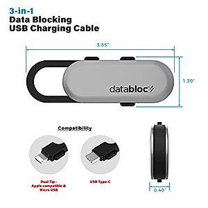 Eyebloc Databloc 3-in-1 Data Blocking Micro USB Multi Charging Cable - Type C, Dual Tip Compatibility - Hacker Safe, Data Protection - Silver