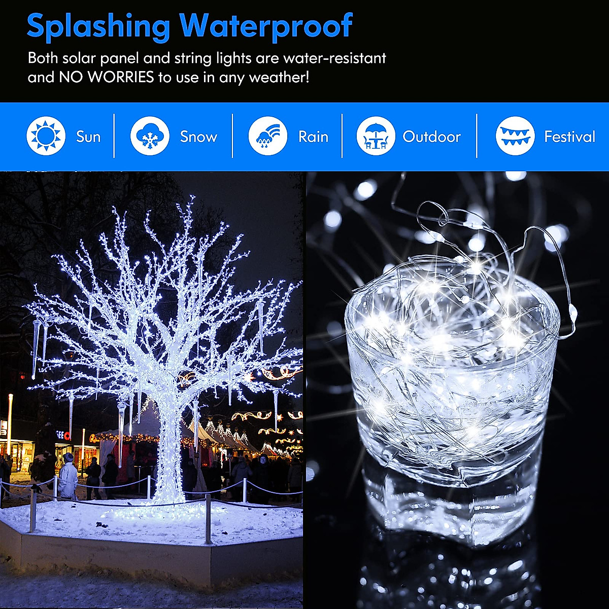 Super-Long 320Ft Solar String Lights Outdoor Waterproof, Solar Powered Fairy Lights 4-Pack 960 LED Silver Wire Twinkle Light, Solar Outdoor Lights Decorative for Garden Tree Christmas Daylight White