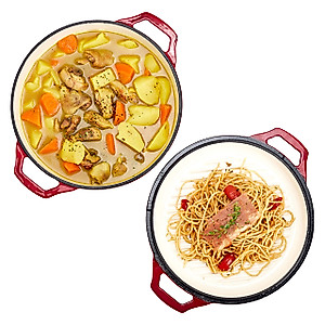 Bruntmor 2-in-1 Pre-Seasoned Cast Iron Pan |Cocotte Double Braiser Pan with Grill Lid 3.3 Quarts - Barbecue Grill Non Stick Frying Pan - Nonstick Cookware Set with Wide Handle (Red)