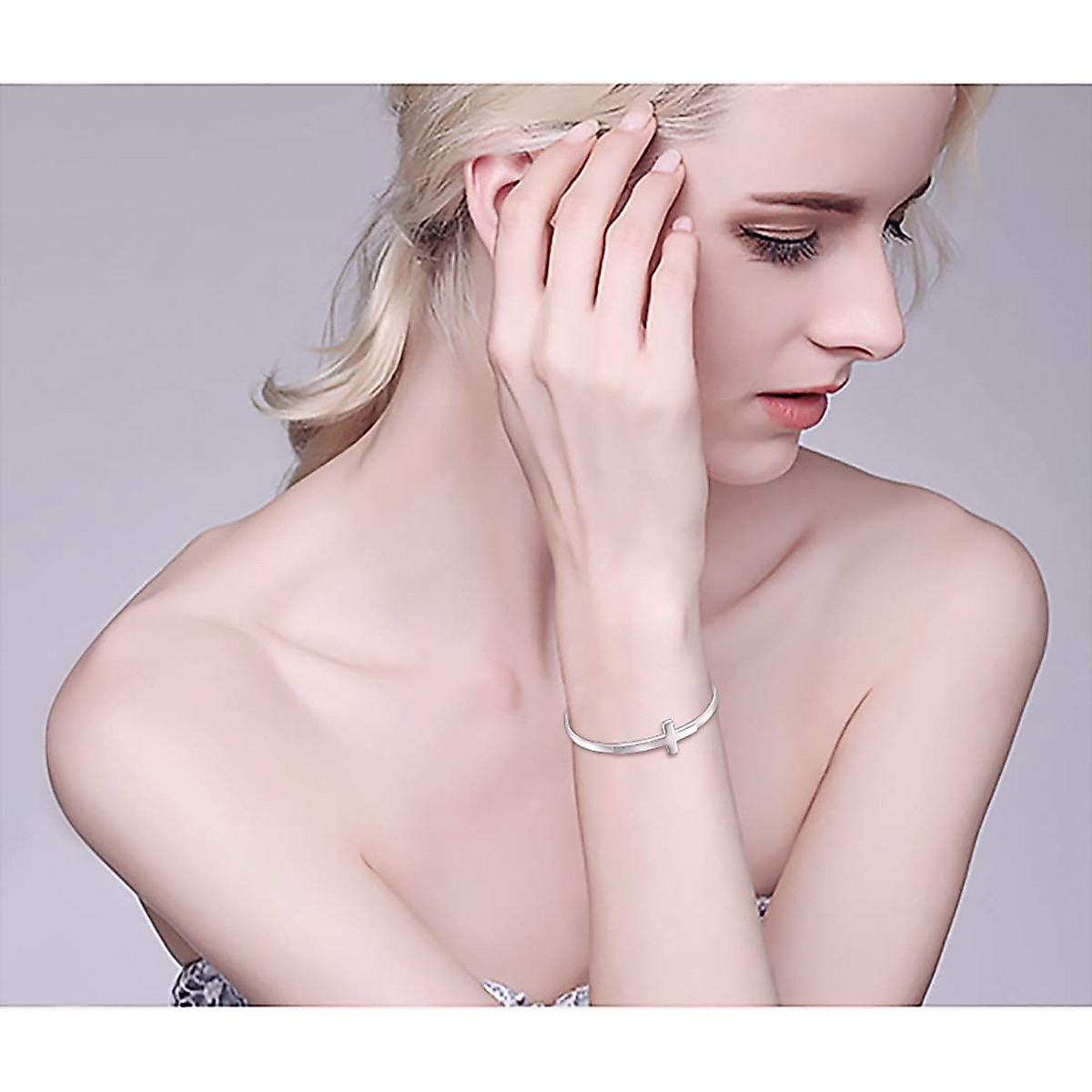 DAOCHONG S925 Sterling Silver Engraved Faith Hope Love Inspirational Cuff Cross Bangle for Women Sister