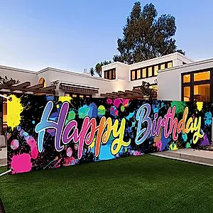 DOTOOMA 118 x 20 Inches Neon Glow In The Dark Happy Birthday Yard Banner Sign Color Graffiti Splash Paint Polyester Children Baby Shower Party Decorations Supplies Indoor Outdoor