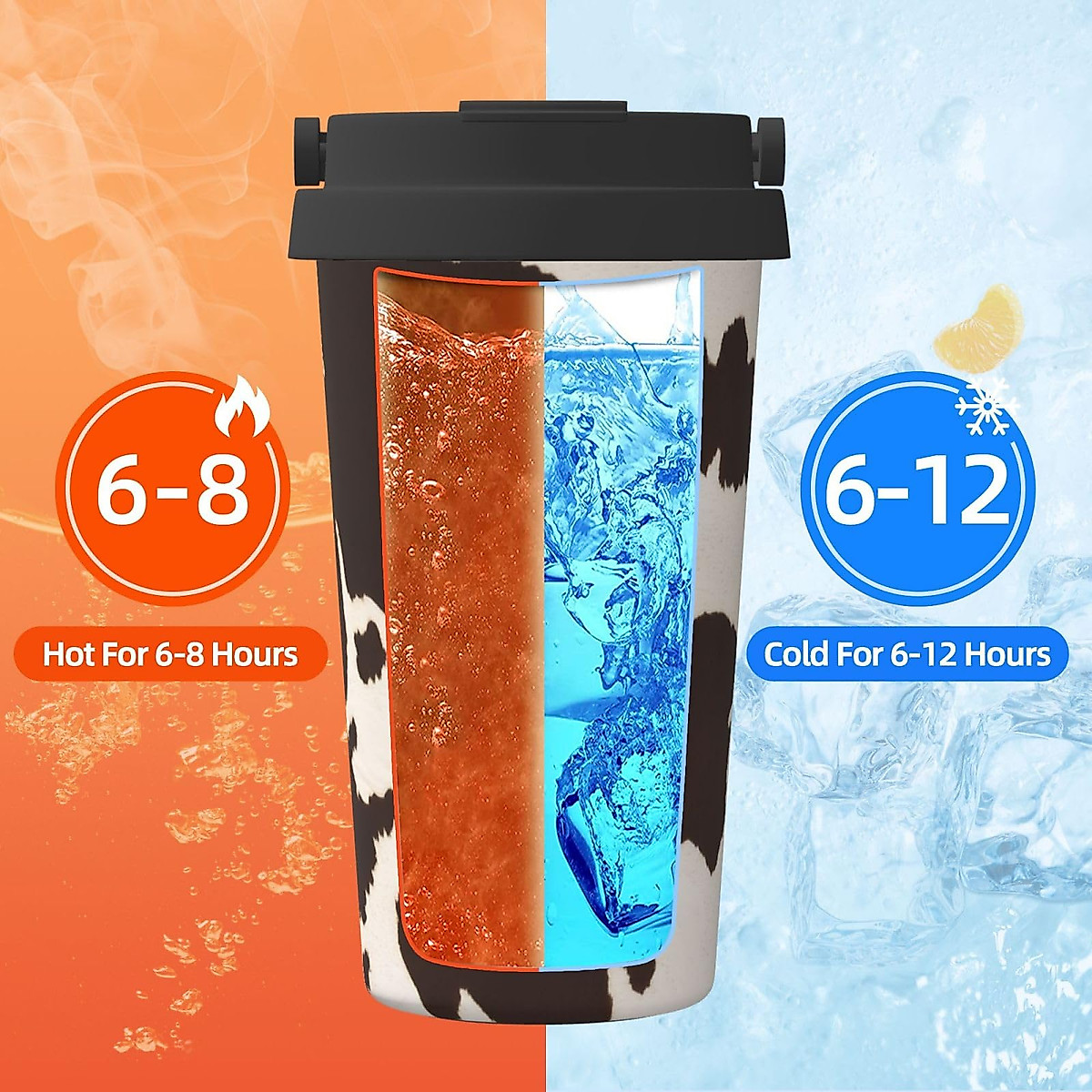 Insulated Coffee Mug Cow Fur Print 17oz Double Wall Vacuum Stainless Steel Tumbler With Leak-Proof Lid And Handle, Cute Travel Thermos Mug For Cold Hot Drinks