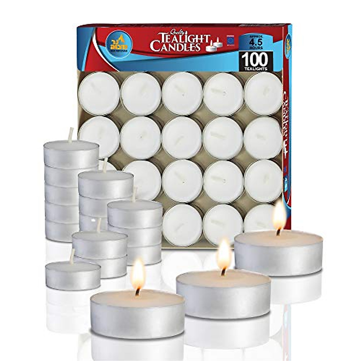 Tea Light Candles - 100 Bulk Pack - White Unscented Travel, Centerpiece, Decorative Candle - 4.5 Hour Burn Time - Pressed Wax - by Ner Mitzvah