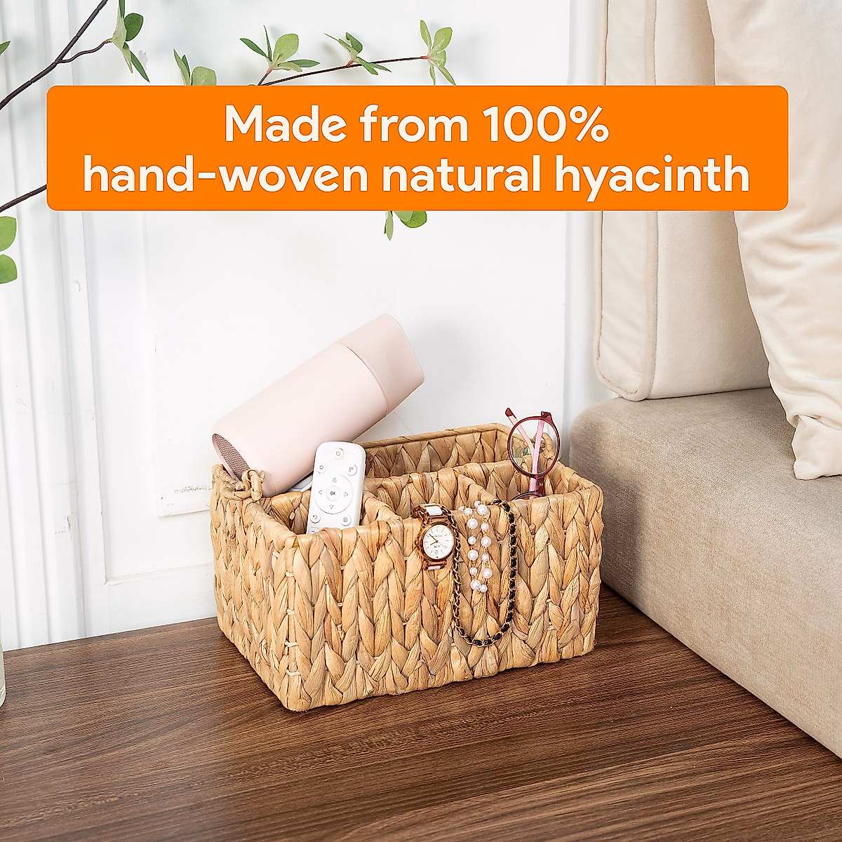 KOLWOVEN Wicker Utensil Caddy Carrier, Wicker Flatware Organizer, Hand Woven Water Hyacinth Cutlery Holder for Countertop with Handle