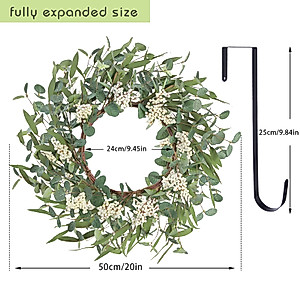 Starryle 20inch Eucalyptus Wreaths for Front Door Decor Spring Summer Wreath Artificial Eucalyptus White Berry Green Wreath for Porch Farmhouse Home Festival Wedding DIY Decoration