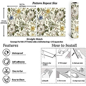 VEELIKE 17.7"×118.1" Floral Peel and Stick Wallpaper Vintage Peony Daisy Floral Wallpaper Self Adhesive Removable Floral Contact Paper Decorative Vinyl for Bedroom Walls Cabinets Shelves Nursery