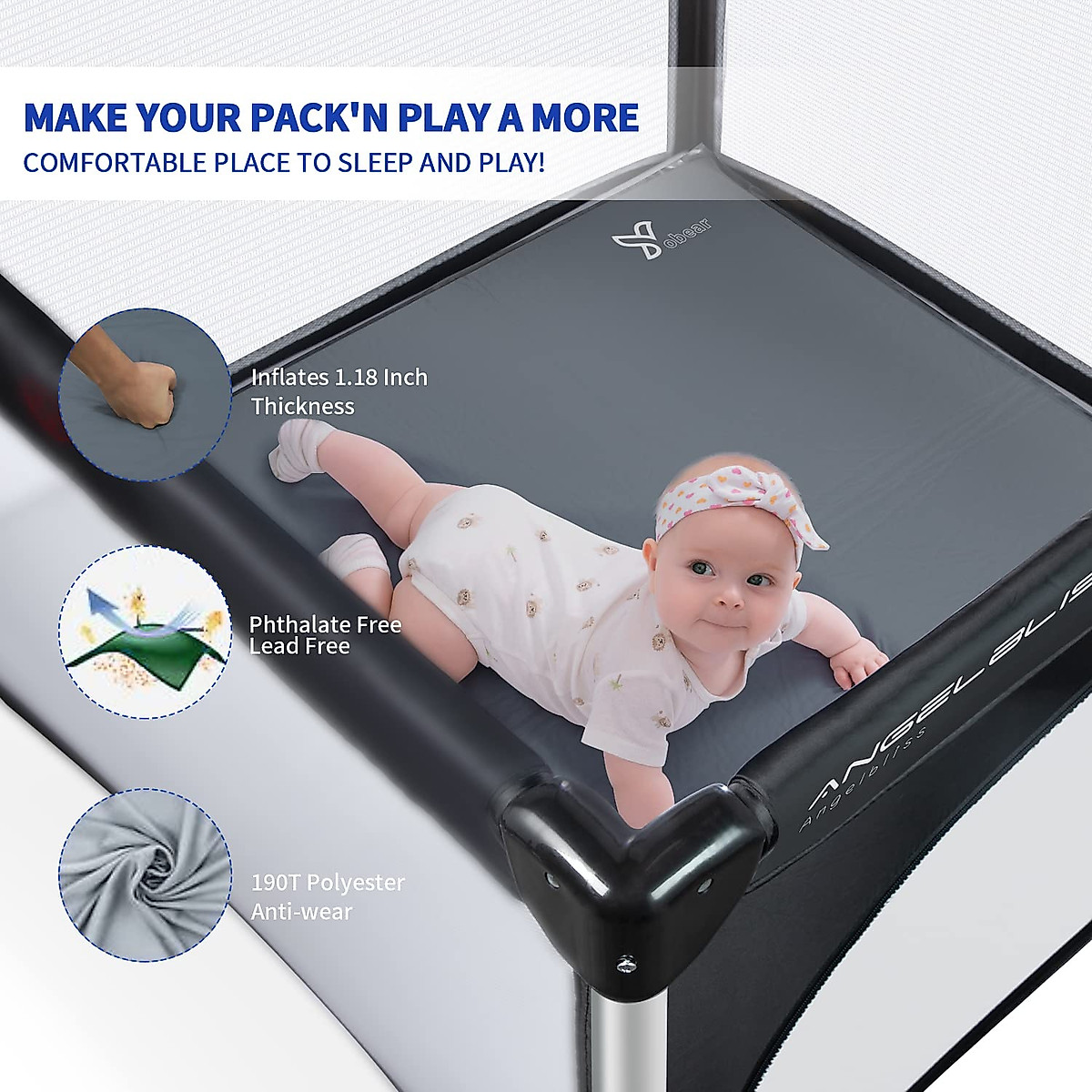 Yobear Extra Thick Baby Play Mat for Playard Playpen 40"X 40", Self Inflating Square Playpen Mat, Waterproof Kids Teepee Play Tent Mat - Greenblack