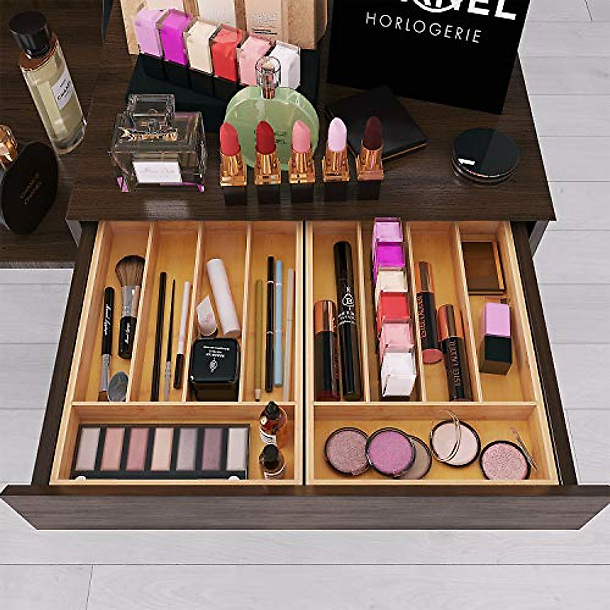 BAMEOS Utensil Drawer Organizer, Cutlery Tray Desk Drawer Organizer Silverware Holder Kitchen Knives Tray Drawer Organizer, 100% Pure Bamboo Cutlery in Natural Color (9.75)