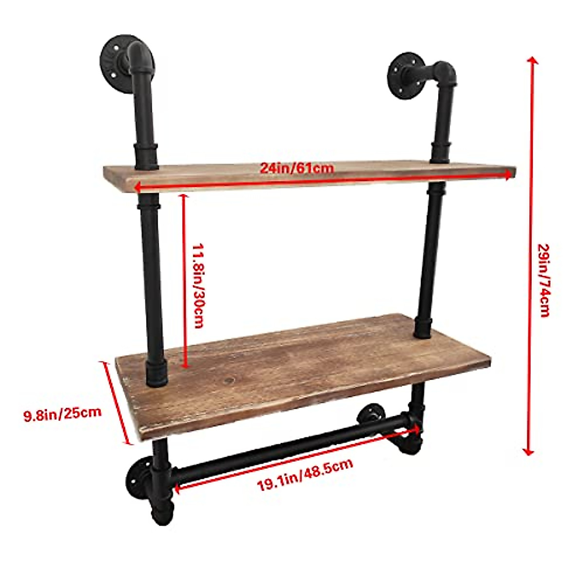 LoftPaipes Industrial Pipe Bathroom Shelf,Rustic Wood Wall Mount Shelf with Towel Bar,24" Black Matte Towel Racks,2 Tiered Metal Floating Shelves Shelving Iron Towel Holder