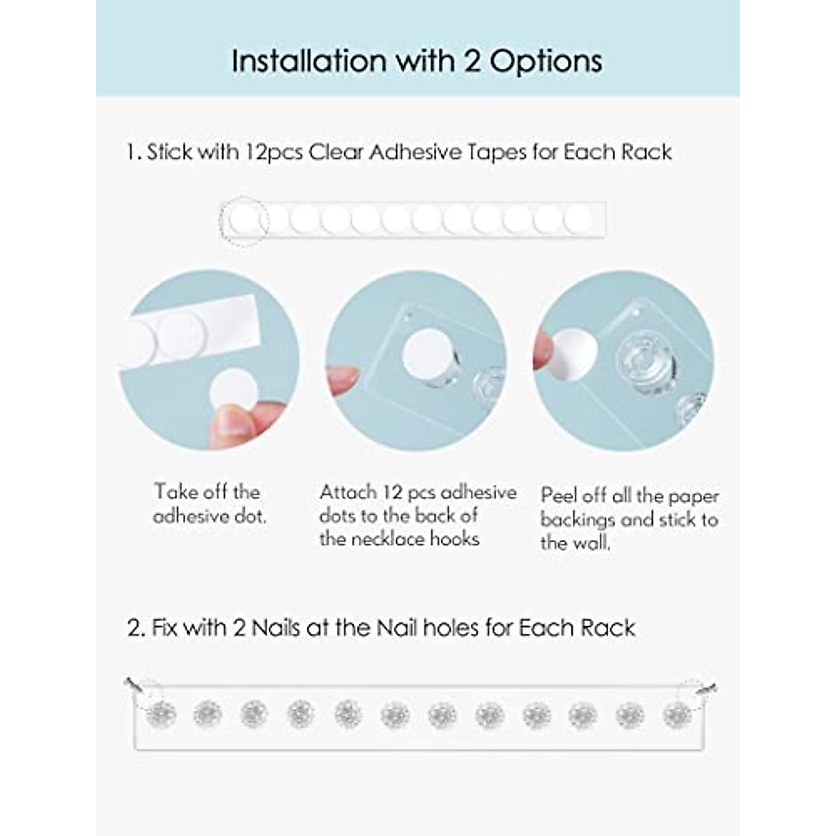 Heesch Necklace Holder, Acrylic Necklace Hanger, Wall Mont Necklace Organizer, Jewelry Hooks for Necklaces, Bracelets, Chains (2-pack Clear)