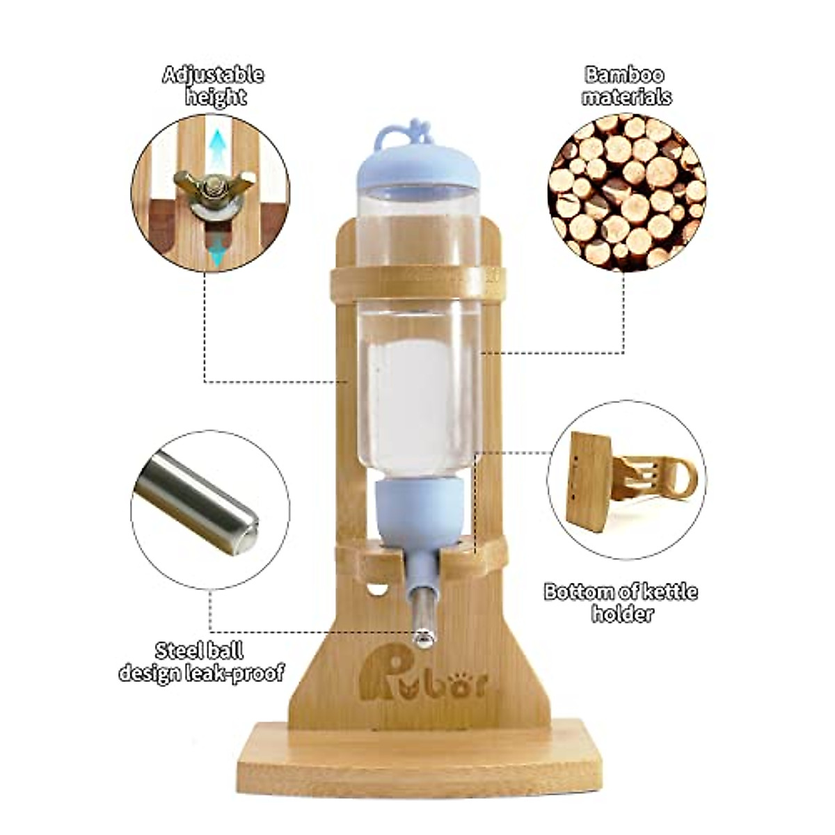 Rubor Hamster Water Bottle with Stand Small Animal Water Bottle Holder with 125ml Hanging Water Auto Dispenser for Syrian Rabbit Dwarf Gerbils Mice Rats Degus Small Pet Rodents (Bule)