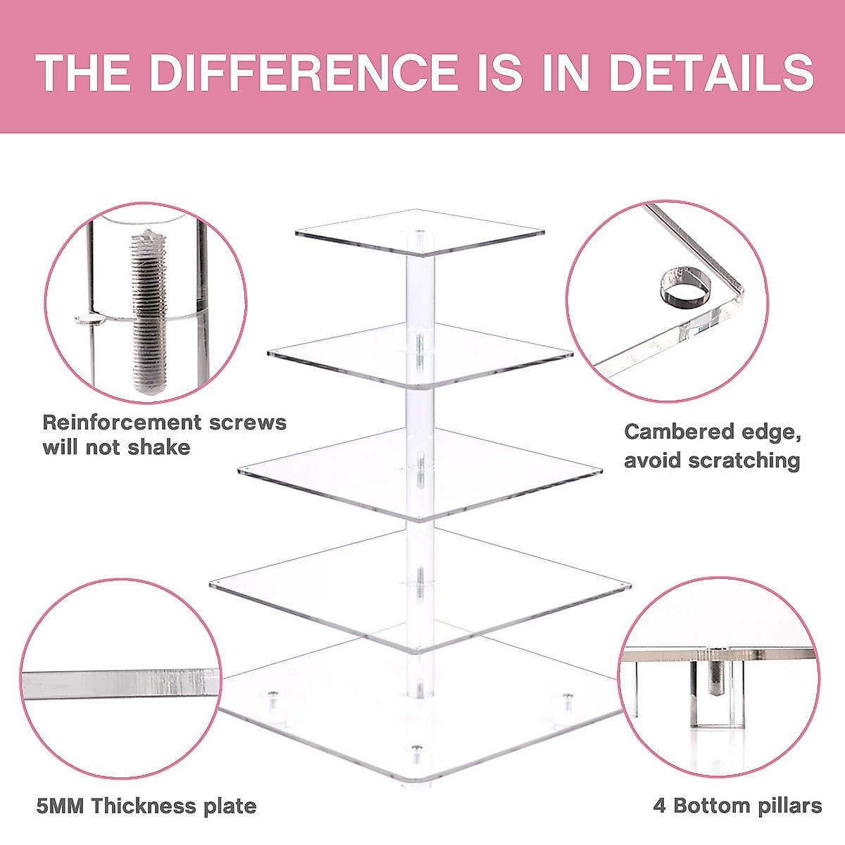 YestBuy Cupcake Stand – 5 Tier Premium Cupcake Holder – Acrylic Cupcake Tower Display – Cady Bar Party Décor –Acrylic Display for Pastry + LED Light String – Ideal for Weddings, Birthday (Pink)