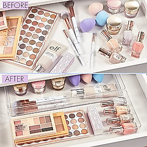 STORi SimpleSort 2-Piece Stackable Clear Drawer Organizer Set | 15" x 6" x 2" Rectangle Trays | Wide Makeup Vanity Storage Bins and Office Desk Drawer Dividers | Made in USA