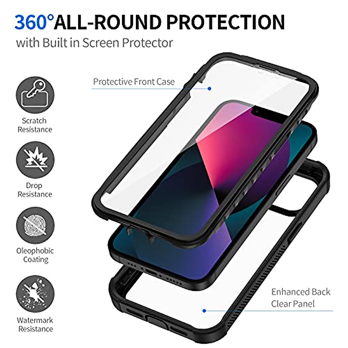 seacosmo iPhone 13 Mini Case 5.4 Inch, Full Body Shockproof Cover [with Built-in Screen Protector] Slim Lightweight Heavy Duty Fit Bumper Protective Phone Case for iPhone 13 Mini - Black/Clear