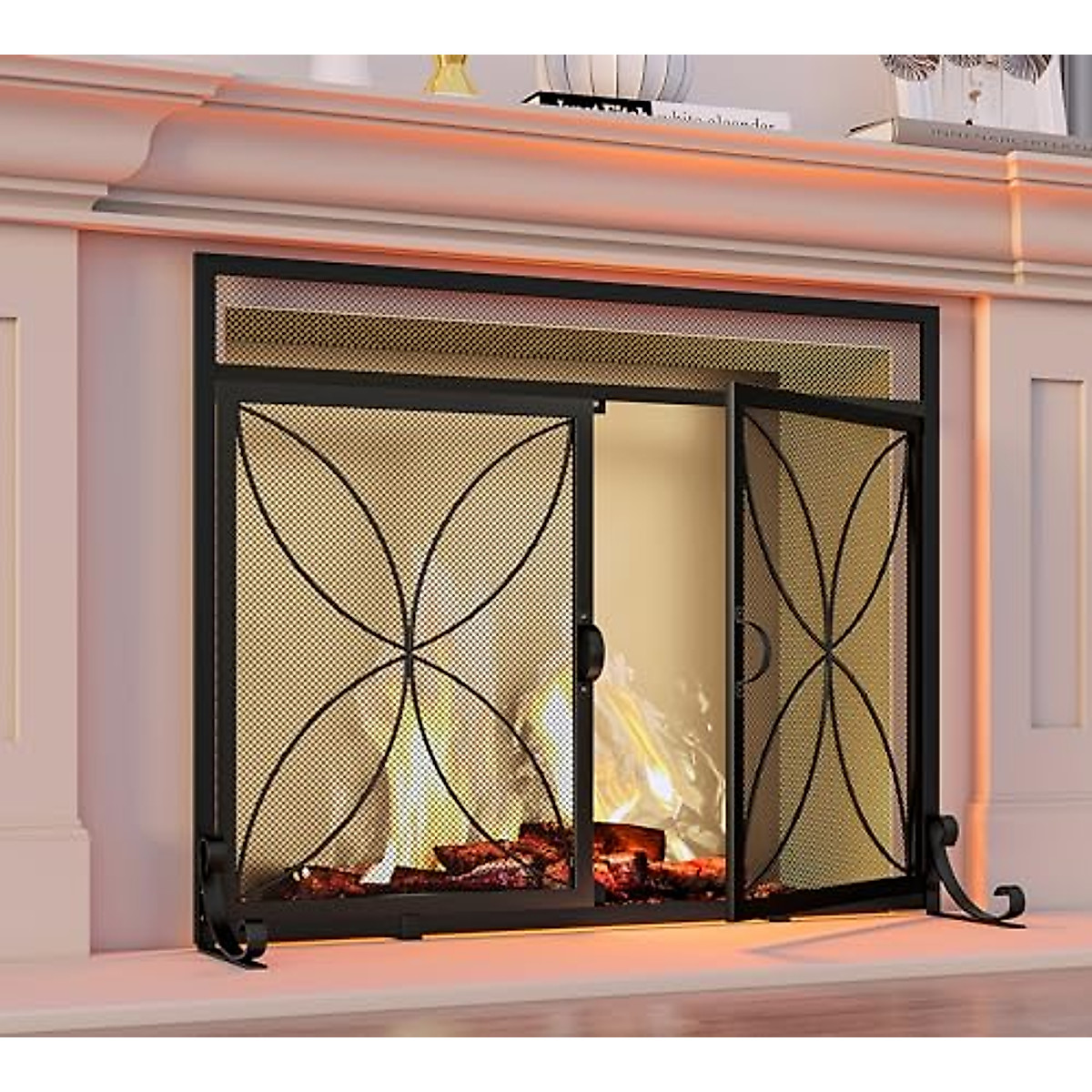 Fire Beauty Fireplace Screen with Magnetic Doors,Large Metal Fire Place Screen for Home,Spark Guard,Metal Furnace Fireguards,Baby Safe Spark Guard Protector,Black