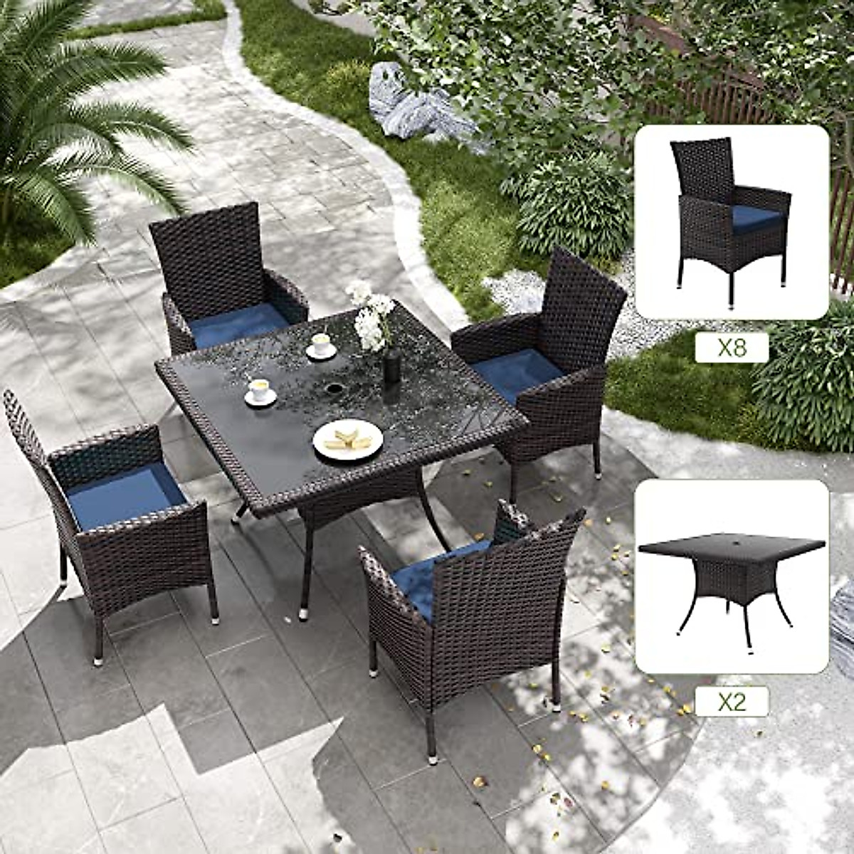 Delnavik 10-Piece Patio Outdoor Dining Set, Wicker Patio Furniture Set of 8 Rattan Chairs with Soft Cushions and Two Square Table with Umbrella Cutout, Navy Blue