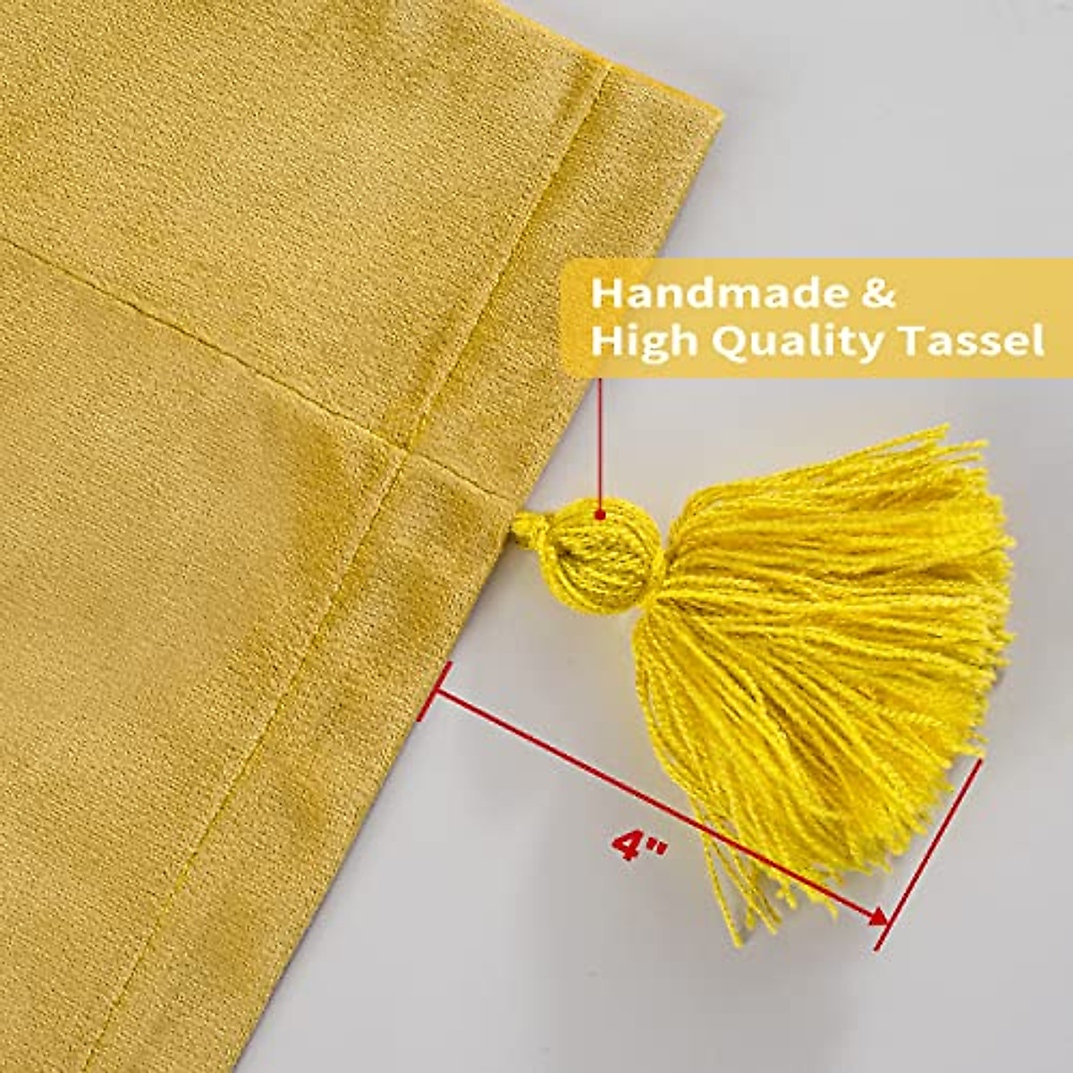 DriftAway Boho Velvet Handmade Tassel Curtain Room Darkening Thermal Insulated Window Curtain Rod Pocket 2 Panels 50 Inch by 84 Inch Gold Yellow