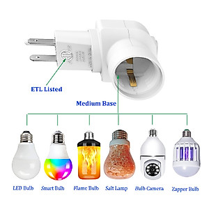 Borju Plug in Light Socket, Outlet to Socket Adapter, 360° Rotatable Plug with On/Off Switch, ETL Listed, White