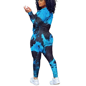 KANSOON Women Jogging Suit Set Textured 2 Piece Outfit Long Sleeve Zipper Jacket + Bodycon Pants Track Suits Sets Blue Black L