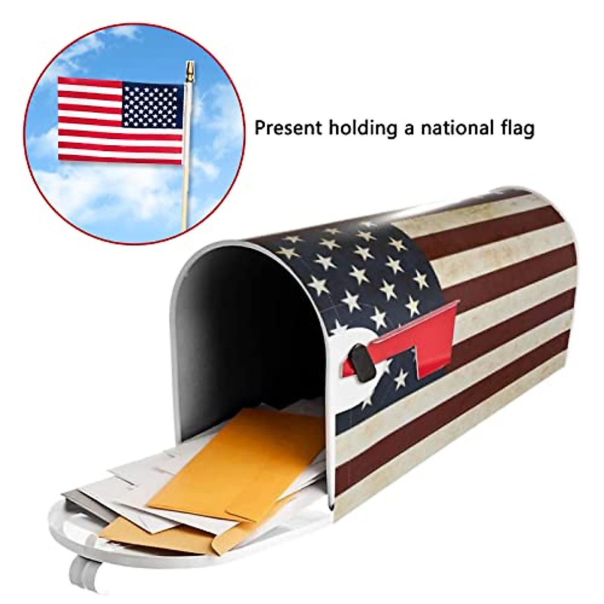 Memorial Day Anniversary God Bless Us Magnetic Mailbox Covers and Hand Waving Flag for Veterans Day,Wooden Stick Flag and Magnetic Letter Post Box Wraps Cover for Outdoor Home Garden Decor