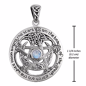 Dryad Design Sterling Silver Large Moon Goddess Wiccan Pentacle Pendant Natural Rainbow Moonstone; 1.25 Inch Diameter