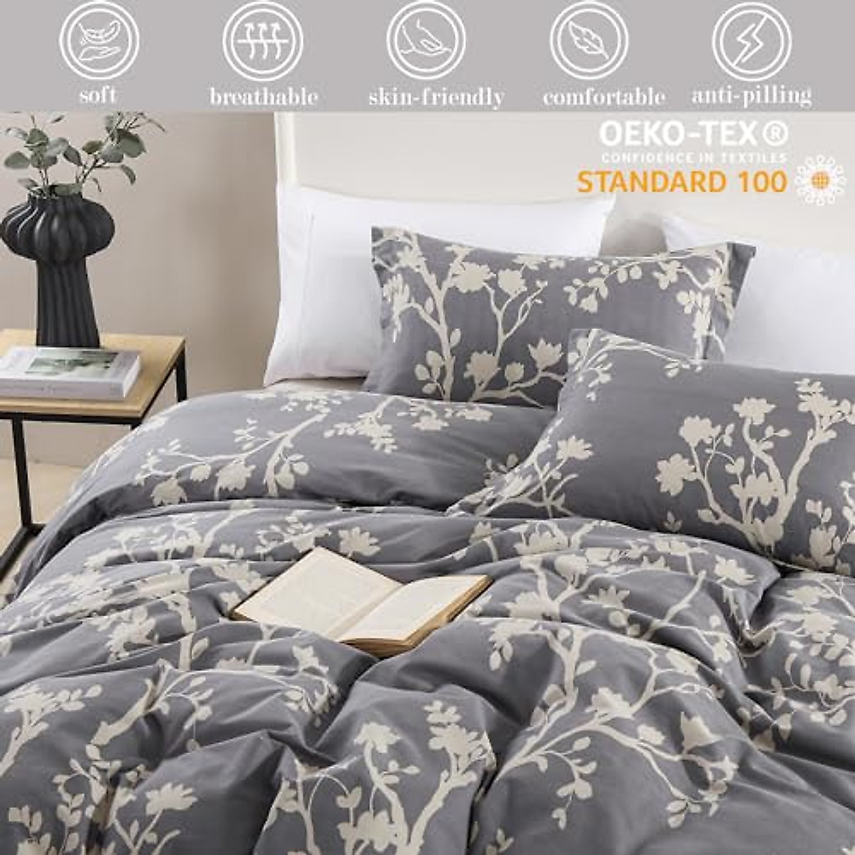 CozyQQ Cotton Duvet Cover Queen - 100% Cotton 400TC Soft Brown Spring Queen Duvet Cover Set, 3 Pieces Floral Duvet Cover with Zipper Closure, 1 Duvet Cover & 2 Pillow Shams (90x90, No Comforter)