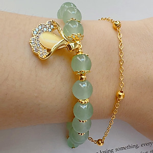 Natural Jade Bracelet for Women Hotan Jade Leaf Bracelet Natural 2-Layer Green Nephrite Jade Bracelet for Women Round Bead Design with Zircon Leaf Charm Bracelet,Lucky Jade Bracelet Ladies Jewelry (Ginkgo leaf)