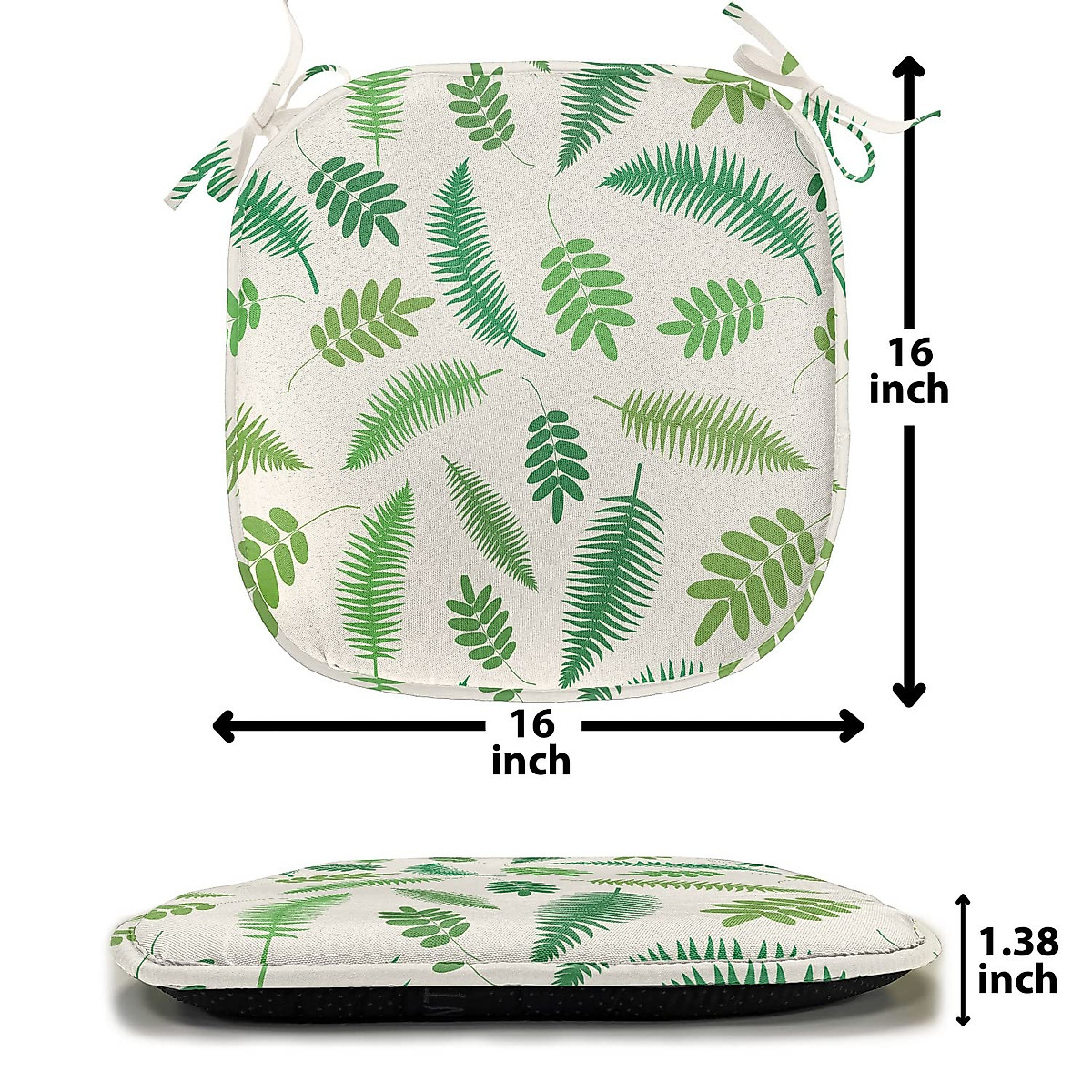 Lunarable Fern Pattern Chair Seating Cushion Set of 4, Nature Botanical Design Art Image Various Style Fronds Illustration, Anti-Slip Seat Padding for Kitchen & Patio, 16"x16", Ivory and Lime Green