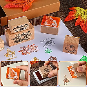 Woanger 15 Pcs Fall Wooden Rubber Stamps and Craft Ink Pads Wooden Rubber Stamp for Scrapbooking and DIY Craft Card Stamps Pads Stamps, Paper, Wood Fabric Fall Holiday Stamps