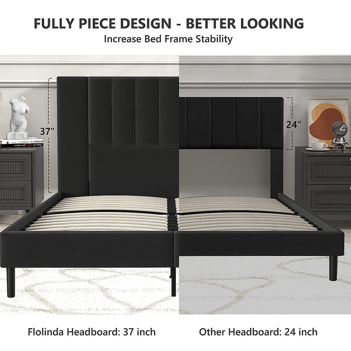 Flolinda Queen Size Platform Bed Frame with Velvet Upholstered Headboard and Wooden Slats Support, Fully Upholstered Mattress Foundation/No Box Spring Needed/Easy Assembly, Black