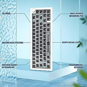 BOYI GMK67-65% Barebones Keyboard Kit,Hot Swap BT5.0/2.4G/Type-C Tri-Mode Wireless RGB Mechanical Keyboard PCB Mounting Kit with Silicone Pad,South-Facing LEDs Customized Keyboard Kit(White+Knob)