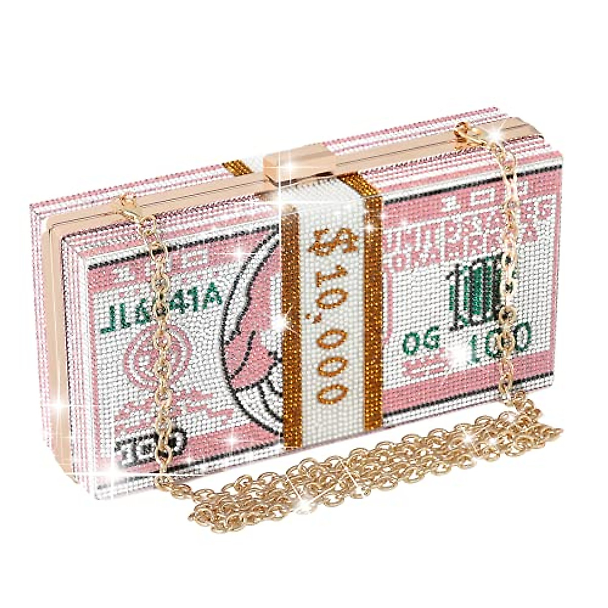 WJCD Money Clutch Rhinestone Purse Stack of Cash Unique Evening Clutch Handbag Shoulder Bag Crossbody Bag Rhinestone Handbag (Pink)