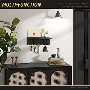 Rebee Vision Decorative Key Holder Wall Mount - Modern Key and Mail Holder for Wall with Shelf Organizer and 7 Sturdy Key Hooks for Apartment Essentials - Aesthetic Home Decor (Stylish Black)