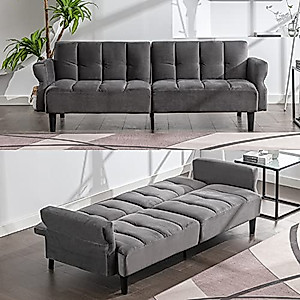 Mjkone Modern Futon Sofa Bed, Velvet Loveseat Sleeper Sofa Bed with Adjustable Backrest, Futon Couches for Living Room, Folding Bed Futons with Adjustable Armrests - Light Gray