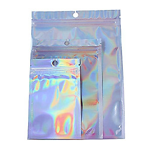 EORTA 100 Pieces Aluminum Foil Pouch Plastic Packaging Bags Self Seal Laser Zipped Bags Resealable Storage Container with Hanging Hole for Food Snack Cosmetic Jewels Party Favors, Medium-15x10 cm