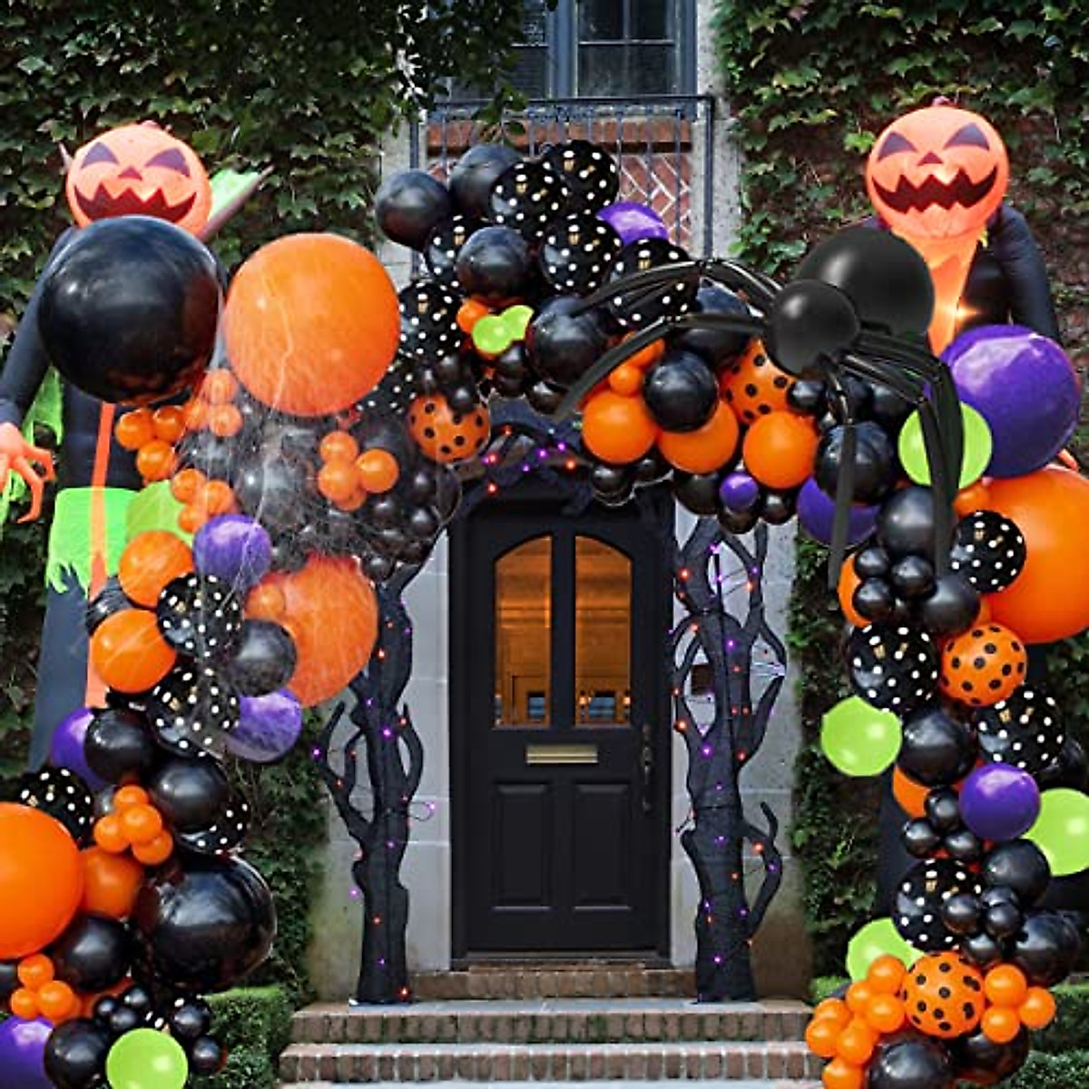 KAKAN Halloween Balloon Arch Kit, Halloween Balloon Garland with Halloween Spider Web, Black Orange Purple Balloons, Dot balloon, Long Balloon, 3D Bat Sticker, Tool Set for Halloween Party Decorations
