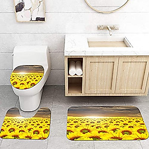 VividHome 4Pcs Sunflowers Shower Curtain Sets with Non-Slip Rugs Toilet Lid Cover and Bath Mat Yellow Floral in The Sunset Landscape Shower Curtains with 12 Hooks Waterproof Bathroom Accessories Set