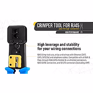 EMS RJ45 Crimp Tool Kit, With 50 Cat6 Pass Through Connectors and 50 Clear Cable Strain Relief Boots + Extra blades - EZ Cut, Strip, Crimp Ethernet Cables
