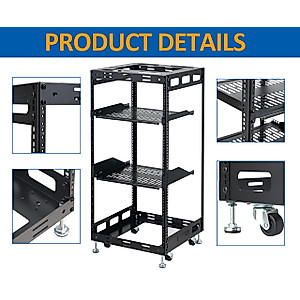 Tedgetal 20U Open Frame Rack for Servers & AV Gear - Wall Mountable Design Includes 2X Vented Shelves, 4X Leveling Feet, 4X Casters