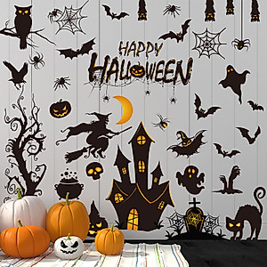 AnyDesign Halloween Wall Decals Bats Ancient Castle Wall Stickers Halloween Removable DIY Wall Art Stickers for Halloween Home Classroom Birthday Party Decoration, 11.8 x 13.8 Inch, 6 Sheets
