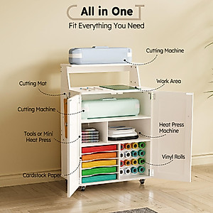 𝐂𝐫𝐚𝐟𝐢𝐭 Craft Cart Storage Cabinet Compatible with Cricut Machine, Rolling Crafting Table Furniture with Vinyl Roll Holder Organizer Desk Workstation for Craft Room Home Organization, Ivory