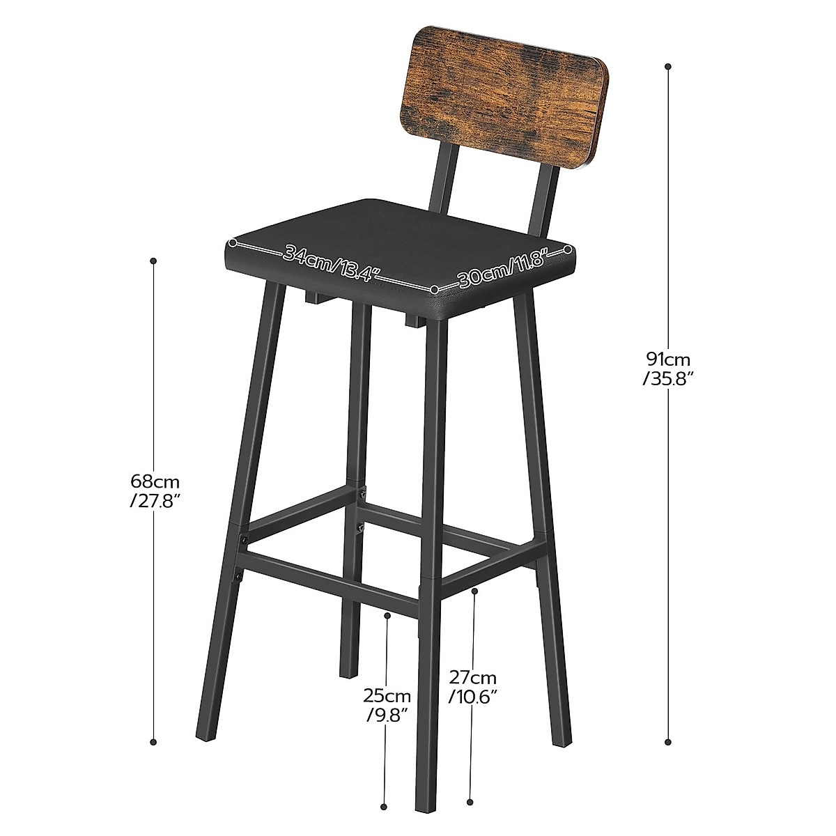 HOOBRO Bar Stools, Bar stools Set of 2 PU Upholstered Tall Bar Chairs, Barstools with Backrest and Footrests, for Kitchen, Dining Room,Bar, Cafe, Rustic Brown and Black BF84BY01