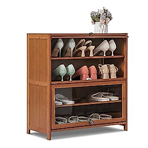 MoNiBloom Bamboo 5 Tier Shoe Storage Cabinet with Acrylic Doors Free Standing Display Shelf Organizer Stand for Sneakers, Boots, Pumps, Heels 16-20 Pairs, Brown