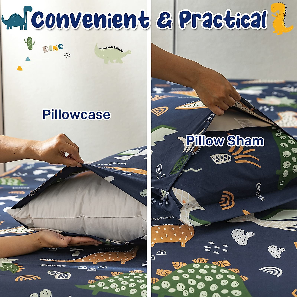 HollyHOME 7 Pieces Teens Comforter Set Dinosaur Pattern Bed in A Bag Bedding Set for Boys, Blue, Full/Queen