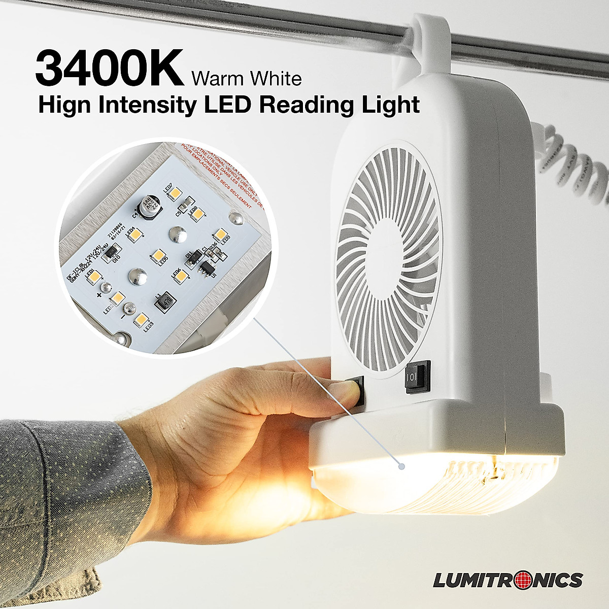 Lumitronics RV Portable 12V LED Interior Bunk Light and 2-Speed Personal Fan Combo - Quiet Motor - Reading Light with Extendable 8-Foot Cord - On/Off Switch - Mounting Brackets Included